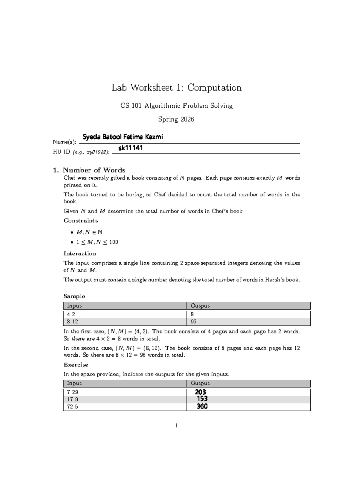 CS 101 LW1: Computation Practice Worksheet Spring 2026 - Studocu