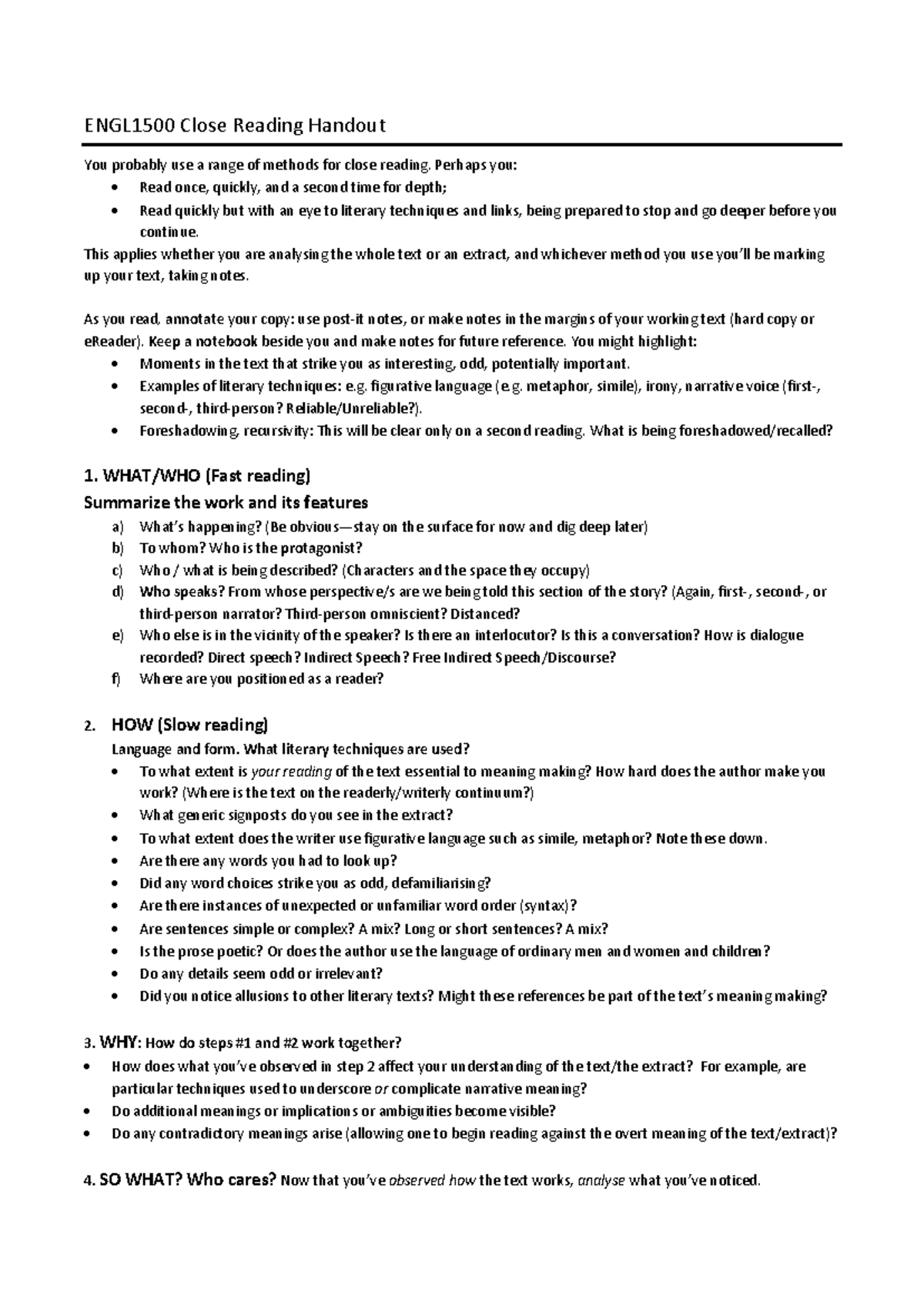 ENGL 1500 Close Reading Techniques Handout 2021 - Studocu