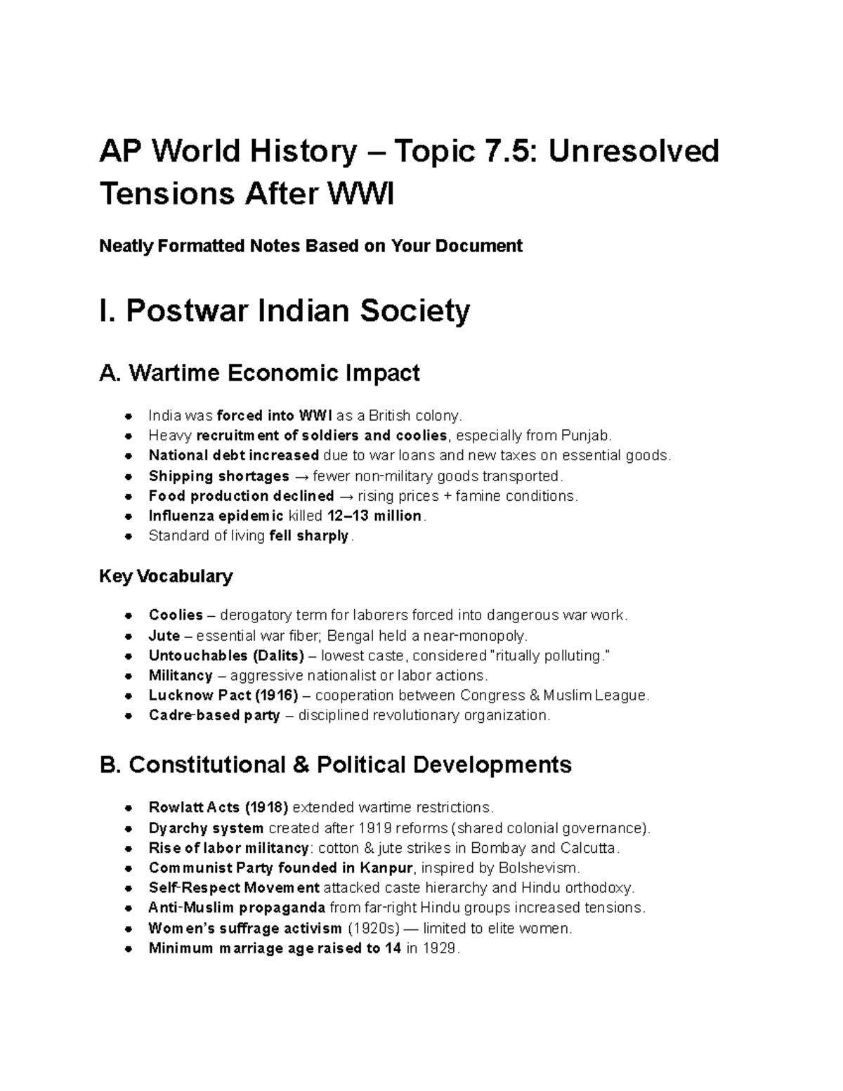 AP World History Notes: Topic 7.5 - Post-WWI Tensions and Impacts - Studocu