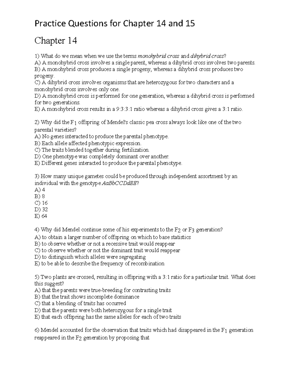 Practice Questions for Chapters 14 & 15: Genetics Concepts - Studocu