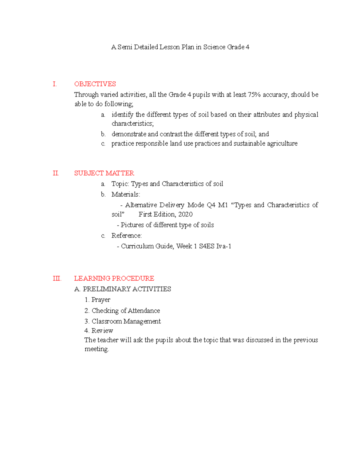 Lesson Plan: Types of Soil for Grade 4 Science (Q4 M1) - Studocu