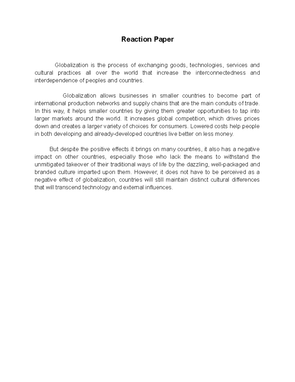 Reaction Paper - Globalization Impact on Cultures and Economies - Studocu