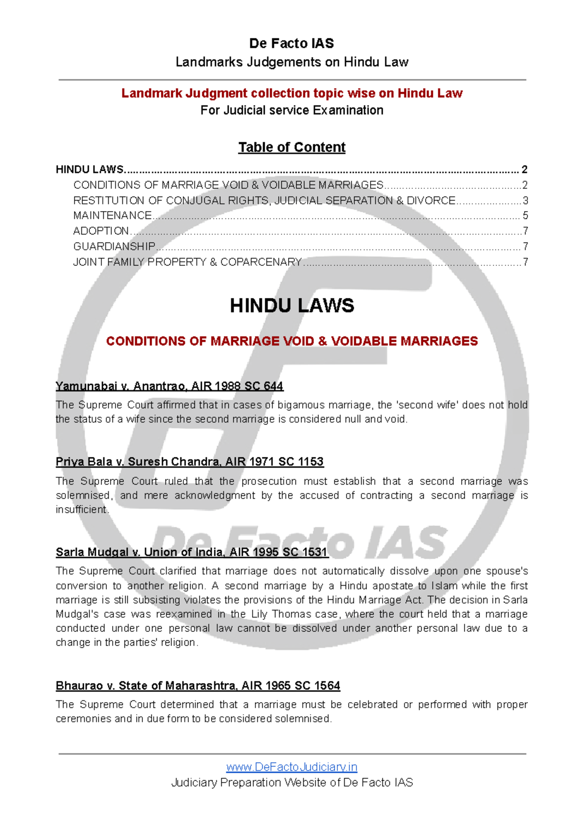 De Facto IAS Landmark Judgments on Hindu Law for Judicial Exam - Studocu