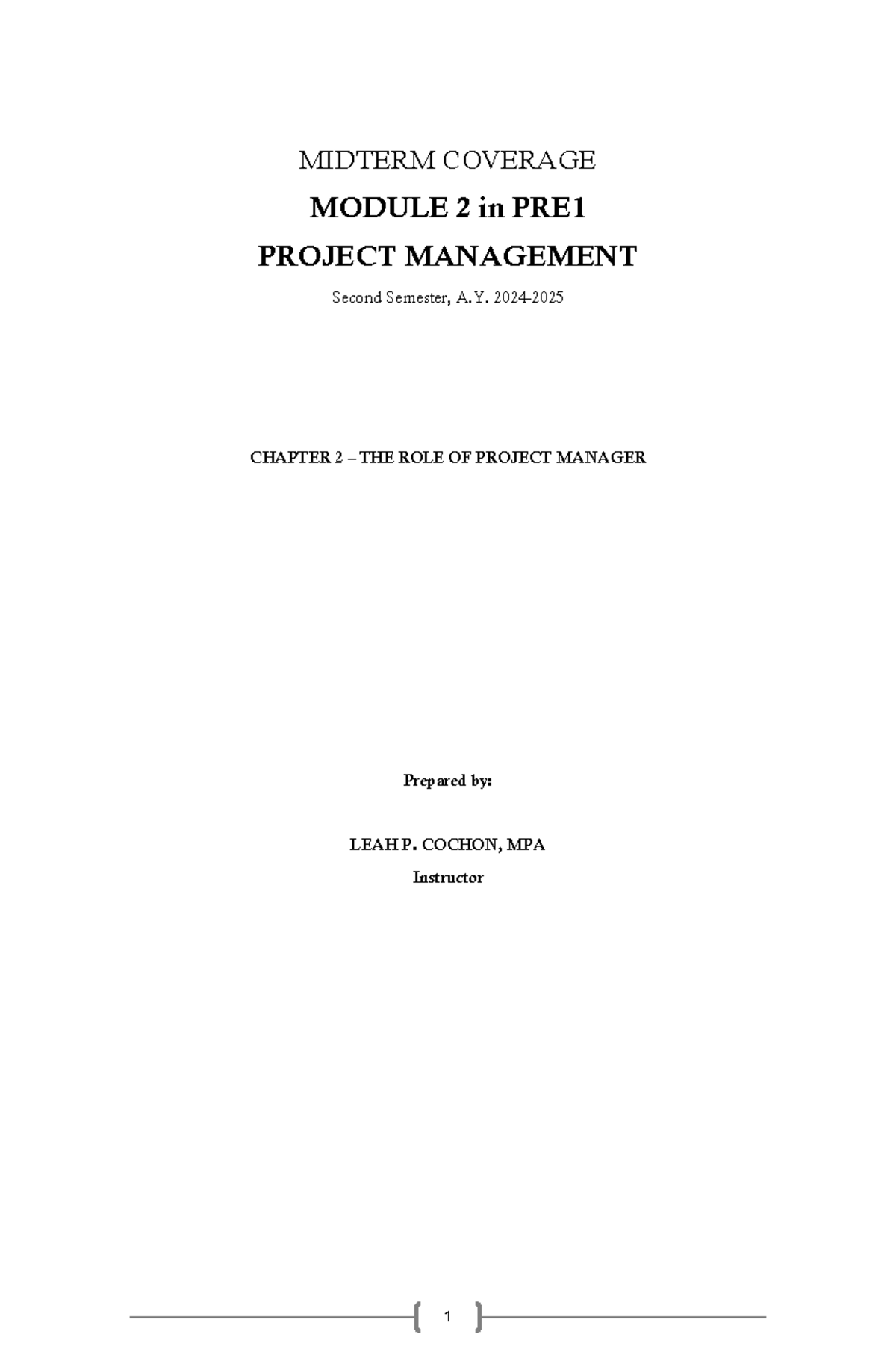 PRE1 Midterm Exam Coverage: Chapter 2 - Role of Project Manager - Studocu