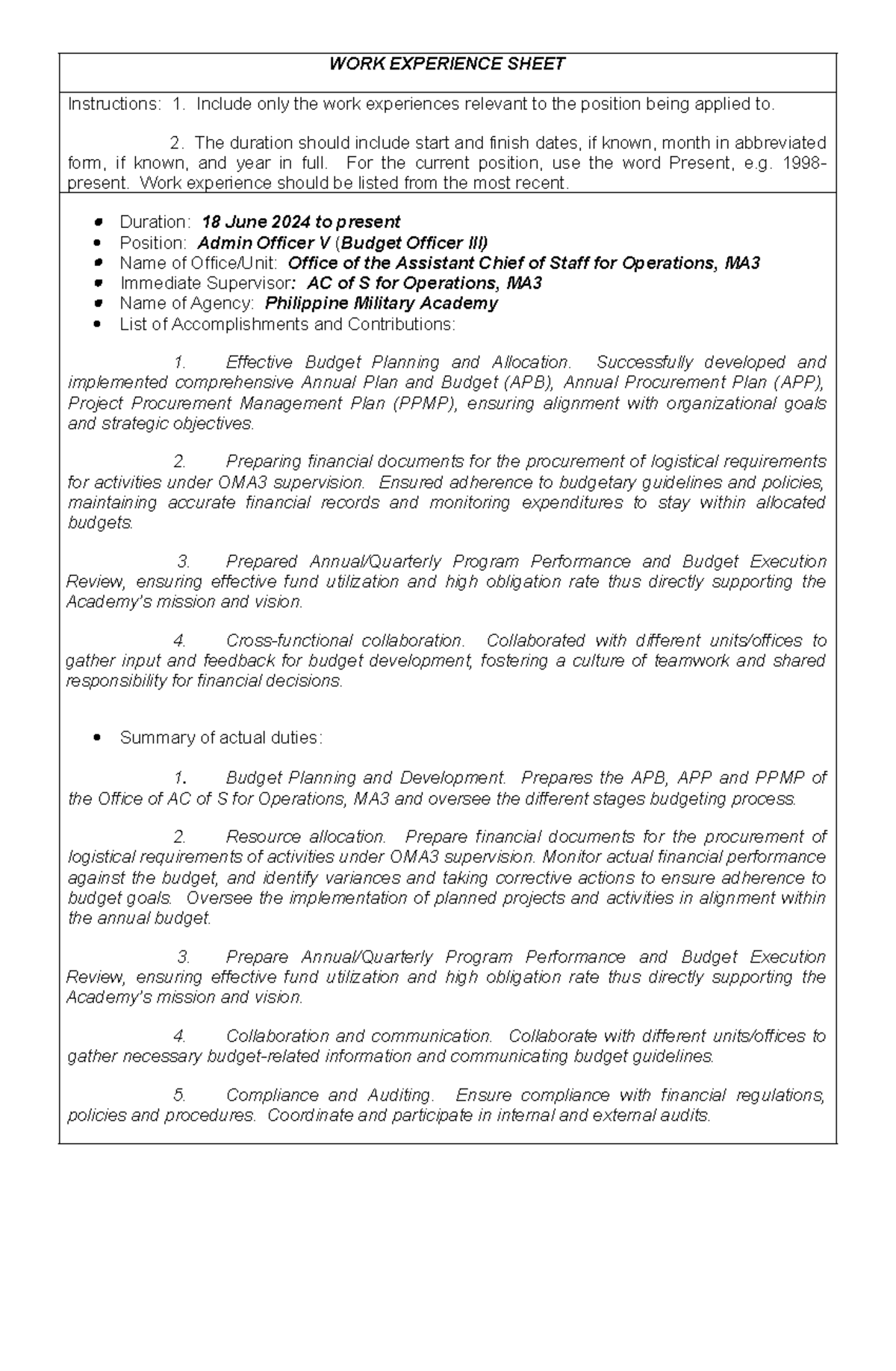 8-WORK Experience Sheet: Admin Officer Roles & Accomplishments - Studocu