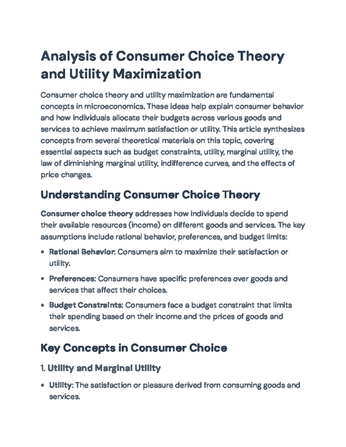 Analysis of Consumer Choice Theory and Utility Maximization in ...