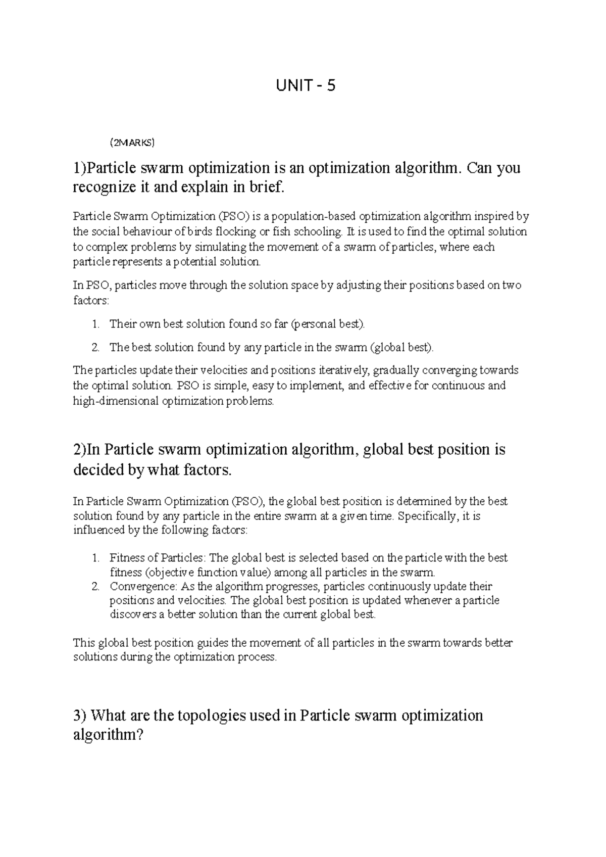 Unit 5 - Overview of Particle Swarm Optimization (PSO) Techniques - Studocu