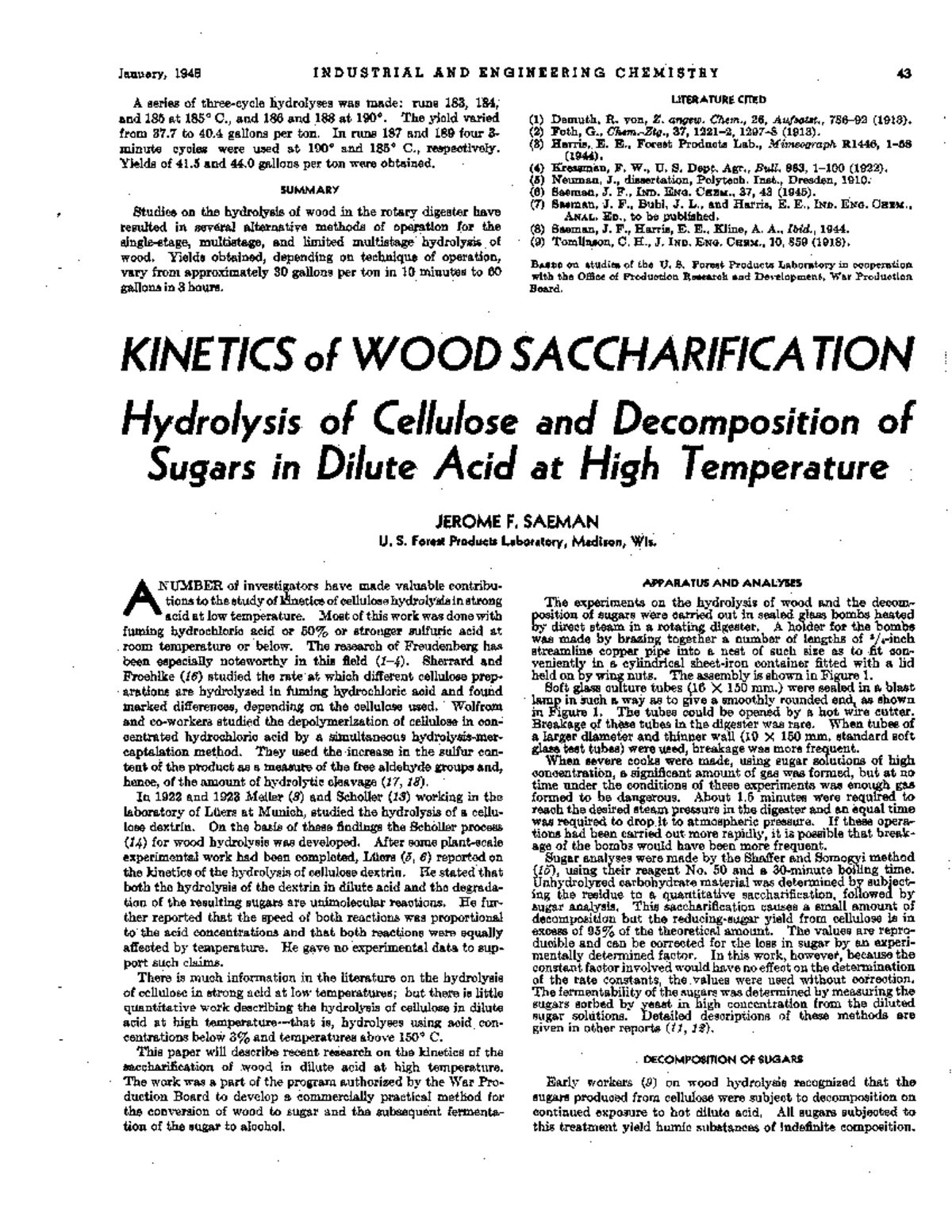 Kinetics of Wood Saccharification: Hydrolysis Studies (IND. ENG. CHEM ...