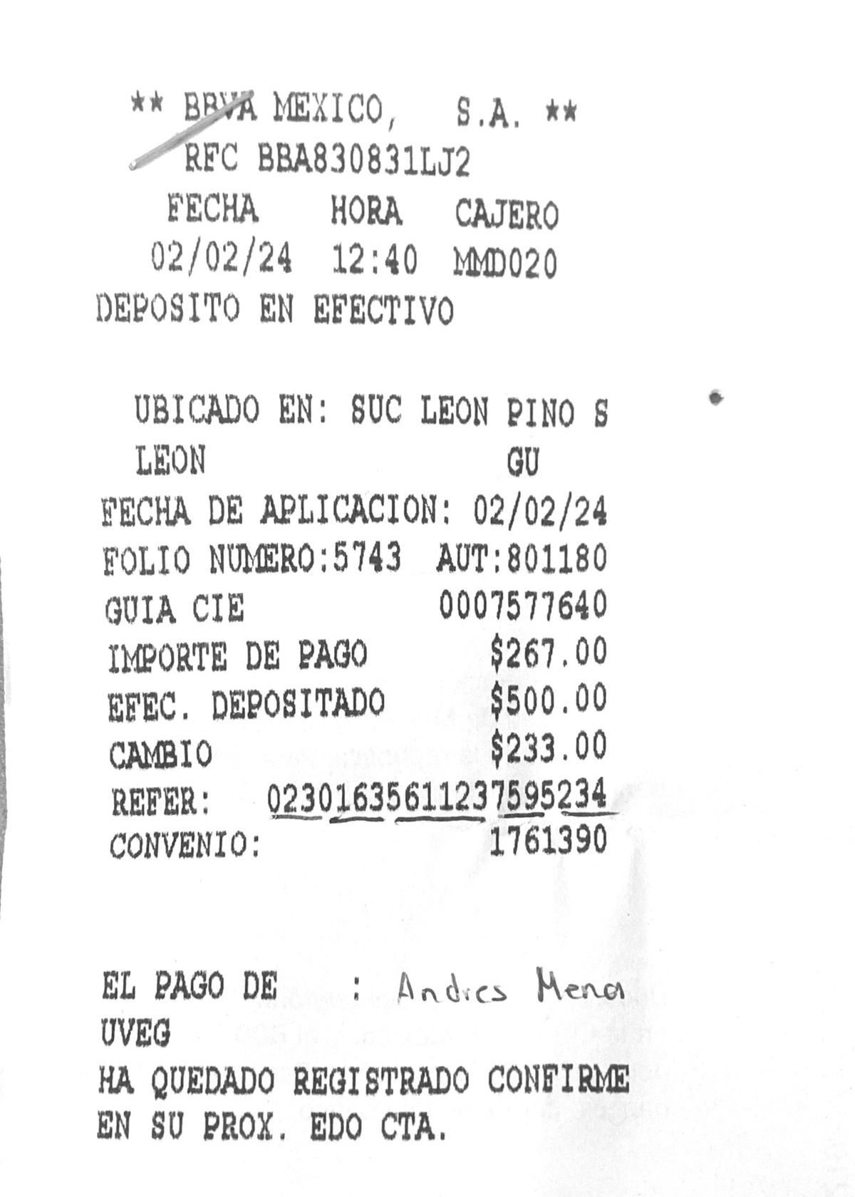 Documento - BBVA MEXICO, S. RFC BBA830831LJ2 FECHA HORA CAJERO 12:40 ...
