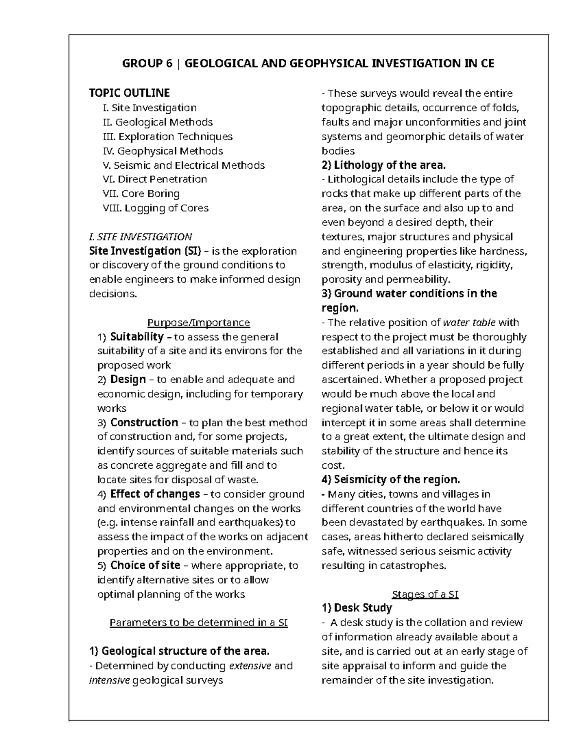 Geological properties handout - TOPIC OUTLINE I. Site Investigation II ...