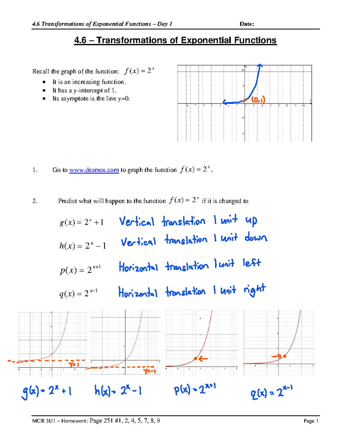 4.6 MCR 3U1 Transformations of Exponential Functions - Day 1 - Studocu