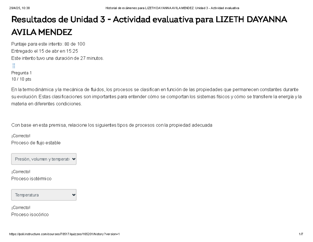 Unidad 3: Actividad Evaluativa - Historial de Exámenes para LIZETH AVILA - Studocu