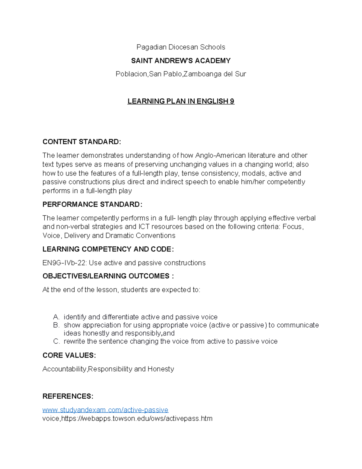 ENG 9 Final Lesson Plan: Active & Passive Voice Strategies - Studocu