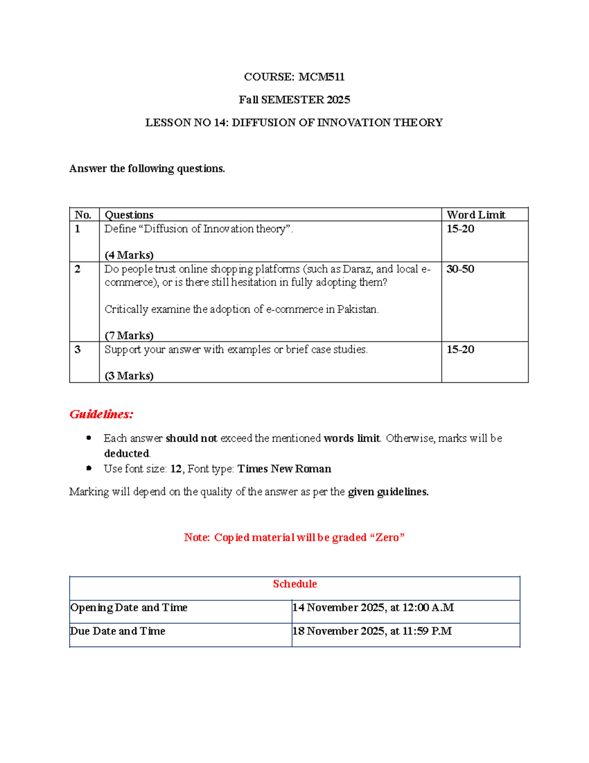 MCM511 Fall 2025 Lesson 14: Diffusion of Innovation Theory Assignment ...