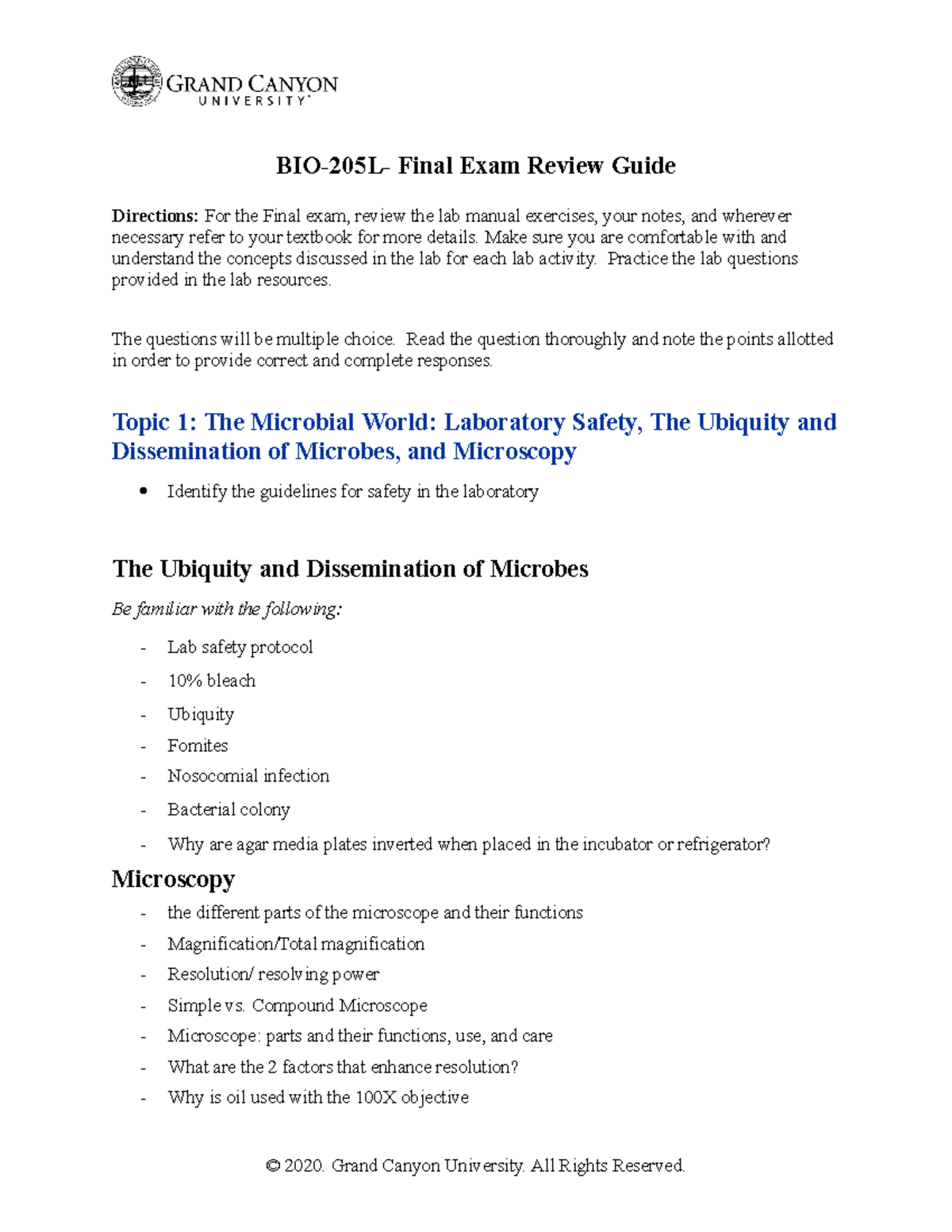 BIO-205L Final Exam Review Guide: Microbiology Concepts and Techniques ...