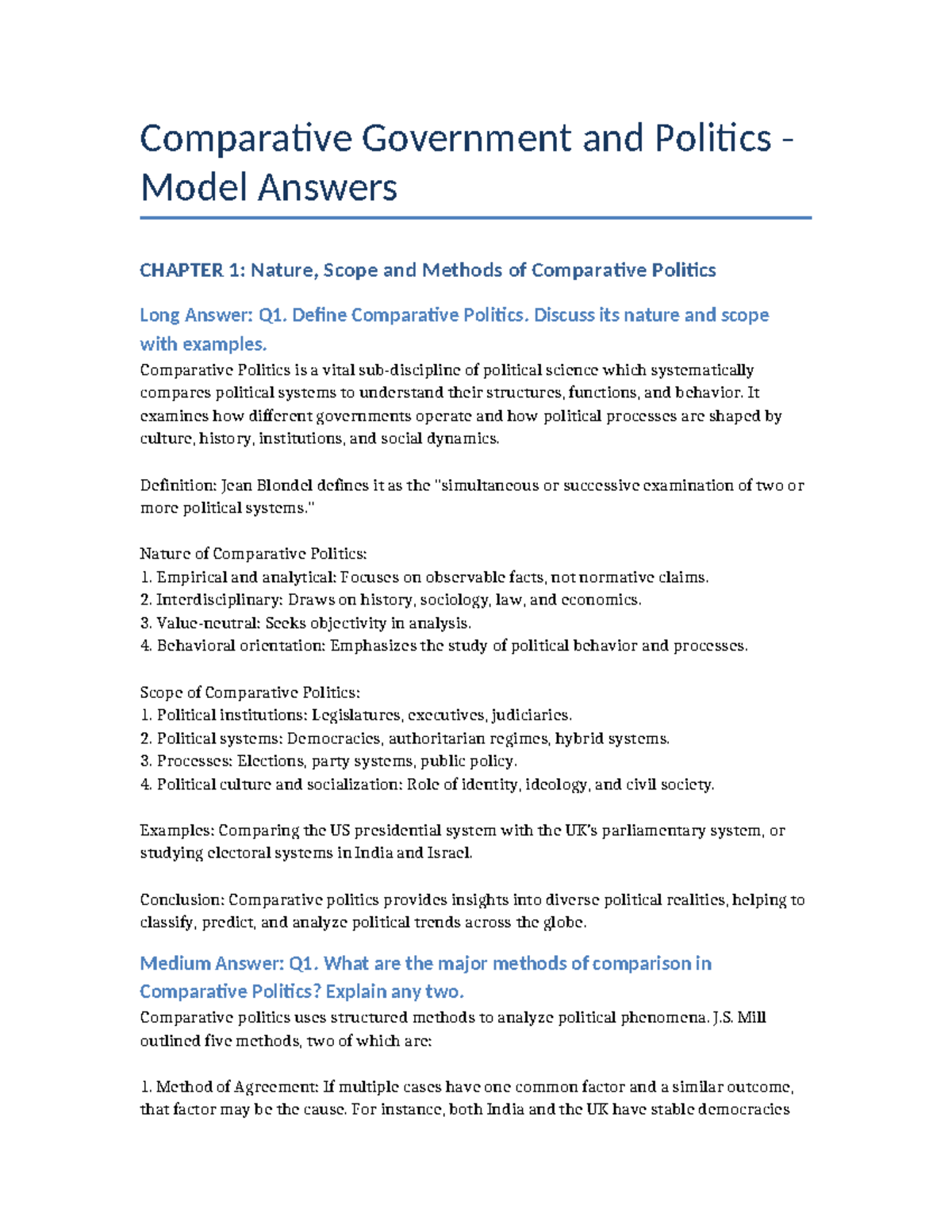 Comparative Govt & Politics Model Answers CH 1: Nature & Scope - Studocu
