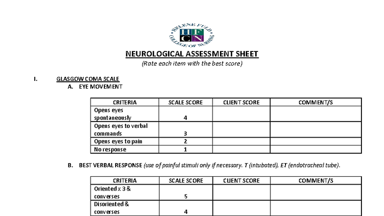 NEUROLOGICAL ASSESSMENT SHEET: GLASGOW COMA SCALE & PUPIL ASSESSMENT ...