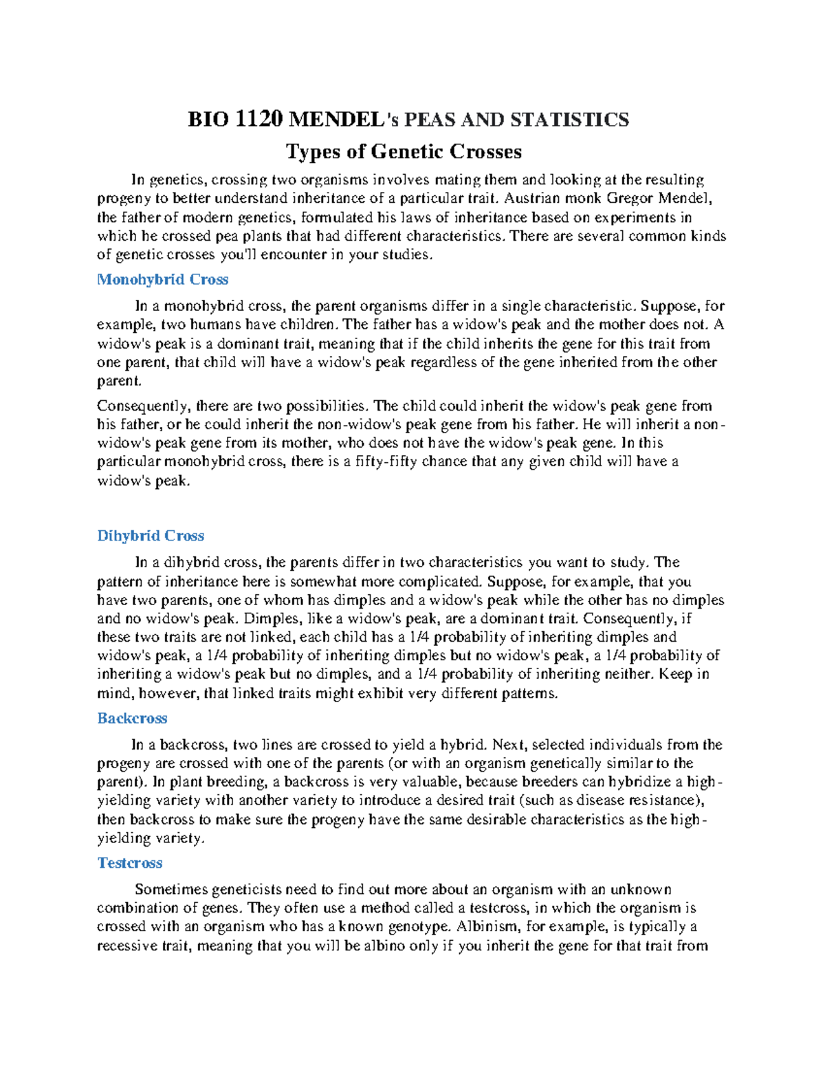 BIO 1120 Final Exam: Mendelian Genetics and Types of Crosses - Studocu