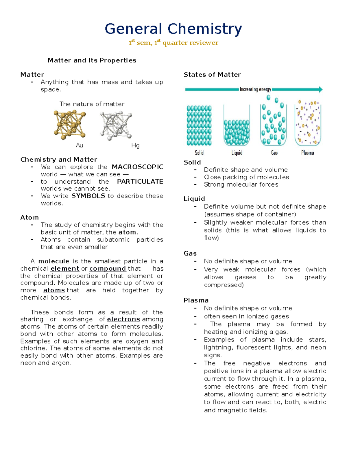 1st Sem General Chemistry Reviewer: Important Concepts & Definitions ...