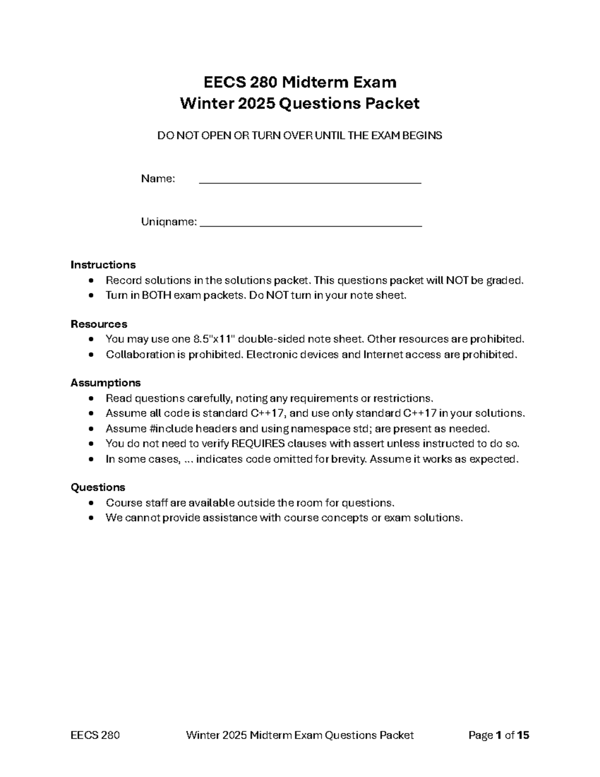 EECS 280 W25 Midterm Exam Questions Packet - Studocu
