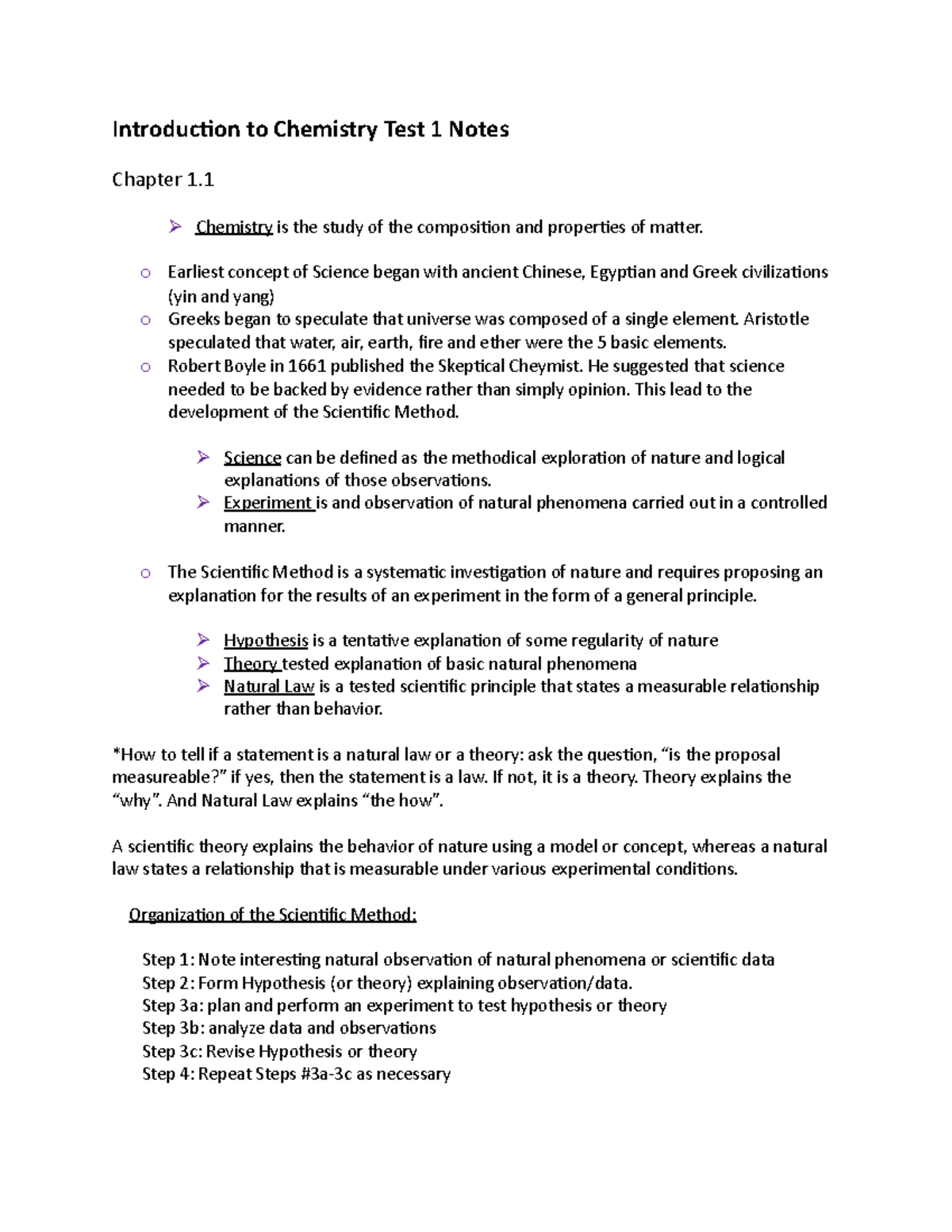 Chemistry Test 1 Review Notes (Course Code: CHEM101) - Studocu