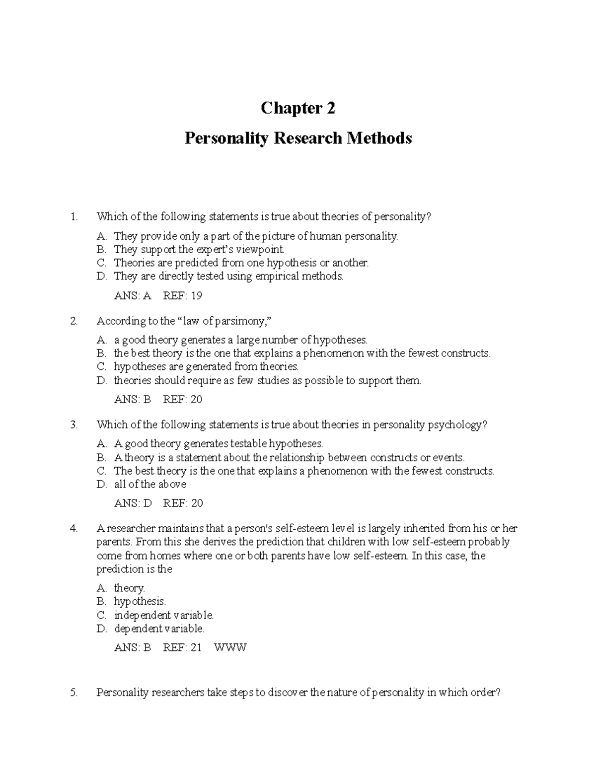 personality burger - Chapter 2 Personality Research Methods Which of the following statements is ...