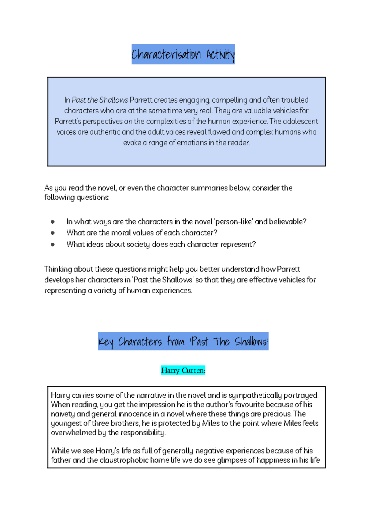 Characterisation Activity: Exploring Characters in 'Past the Shallows ...