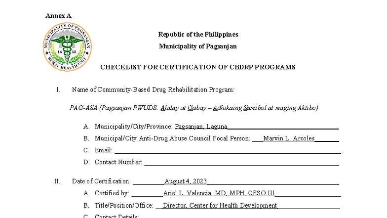 Revised Annex A CBDRP Certification Checklist for Validation - Studocu