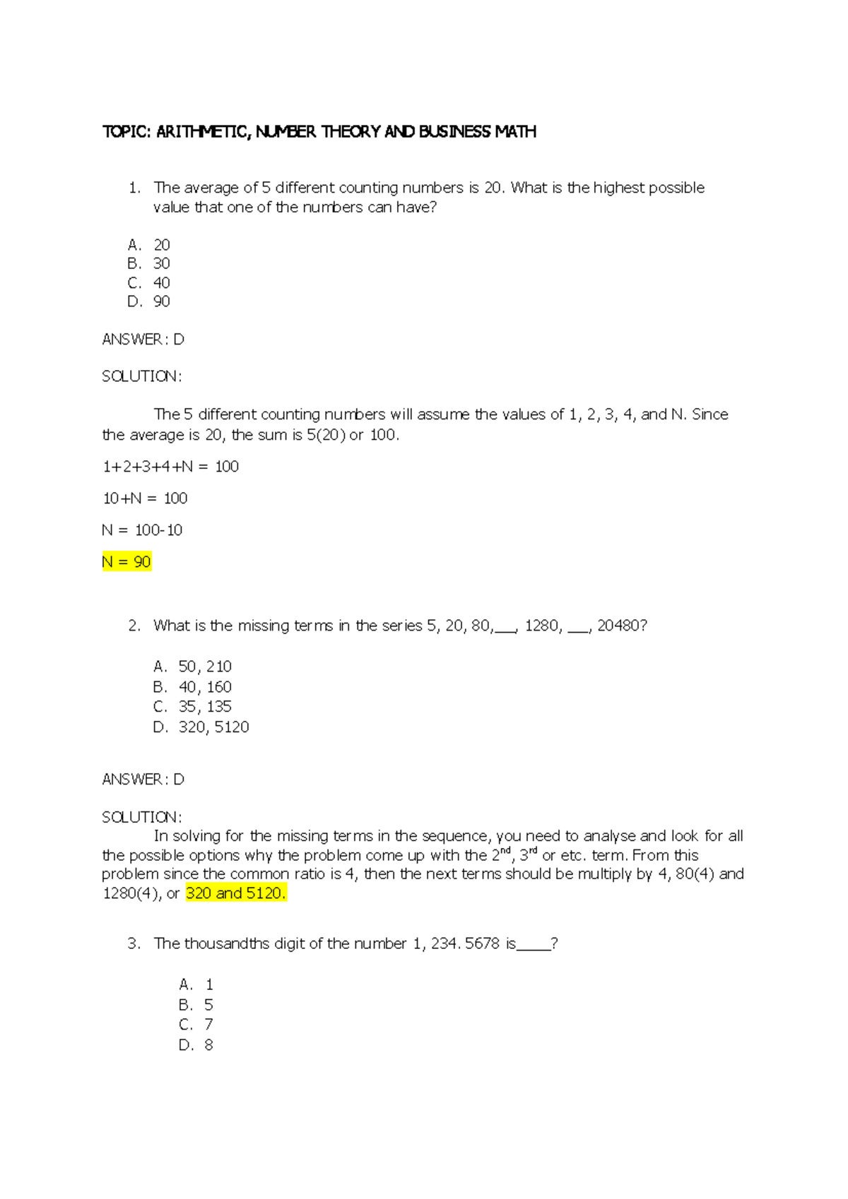 Arithmetic & Number Theory Concepts for Business MATH 101 - Studocu
