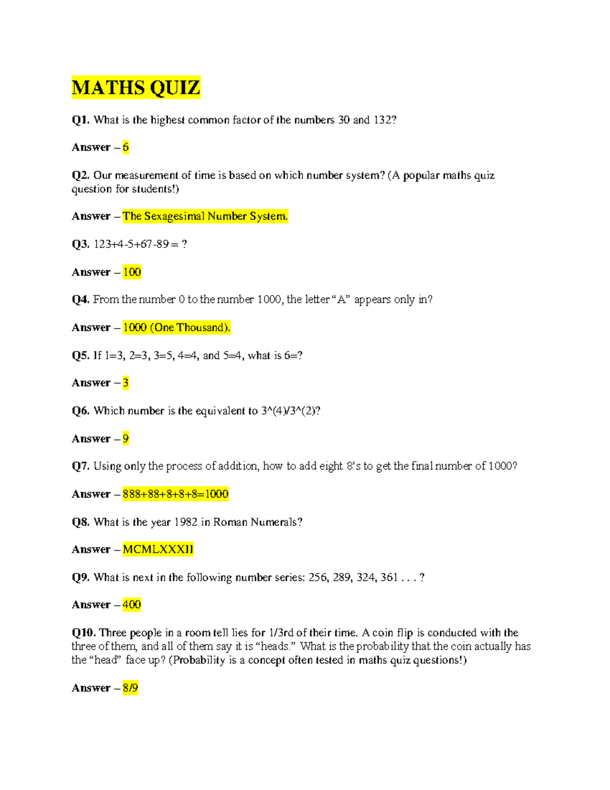 Hard Maths Quiz Questions With Answers
