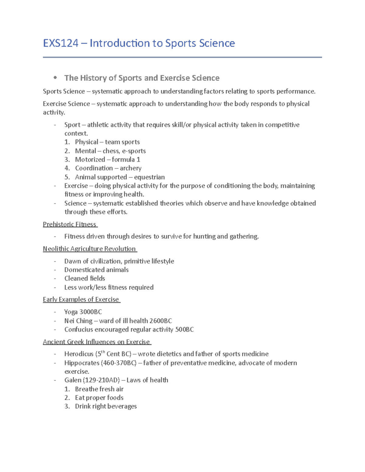EXS124 Notes - EXS124 – Introduction to Sports Science The History of ...