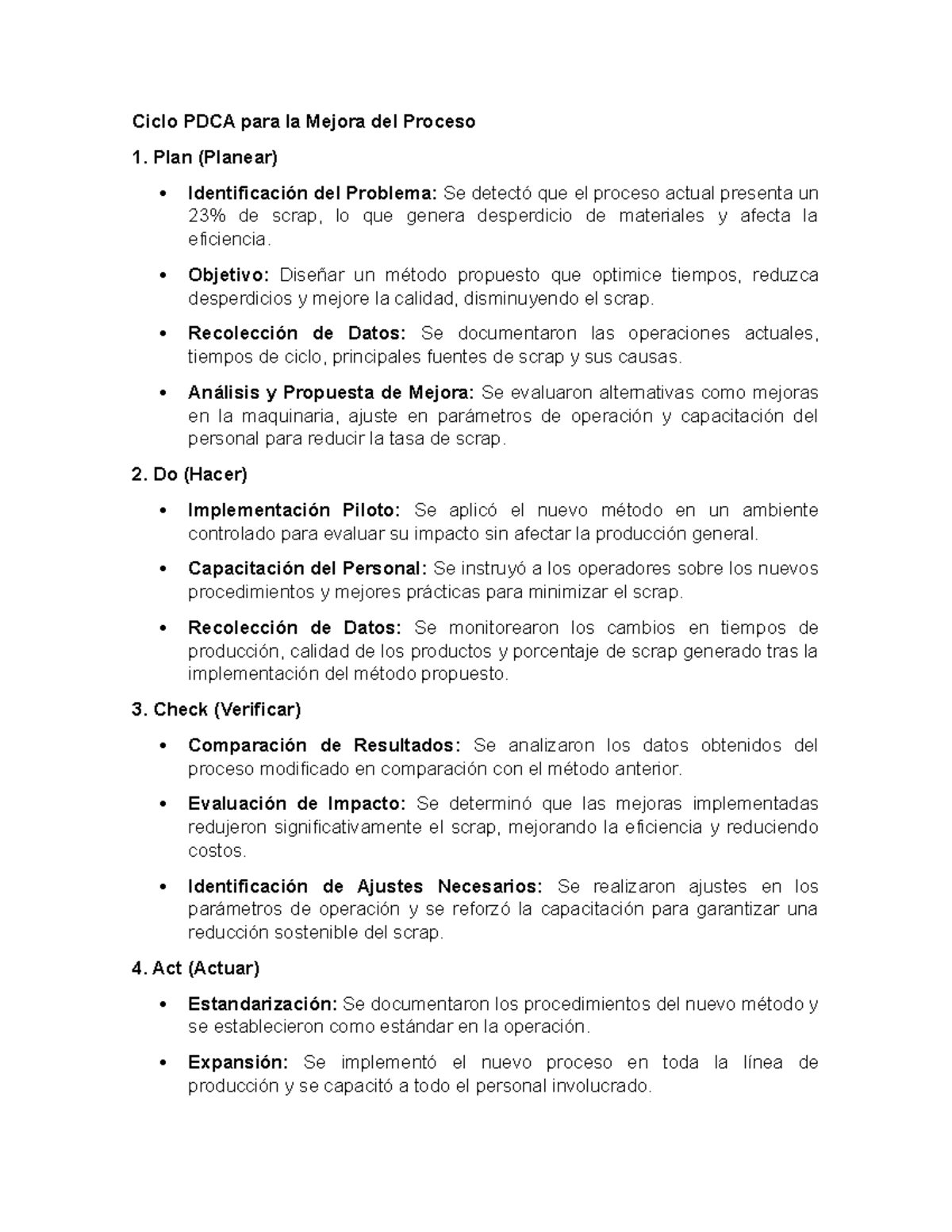 PDCA para la Mejora del Proceso: Reducción de Scrap en Producción - Studocu