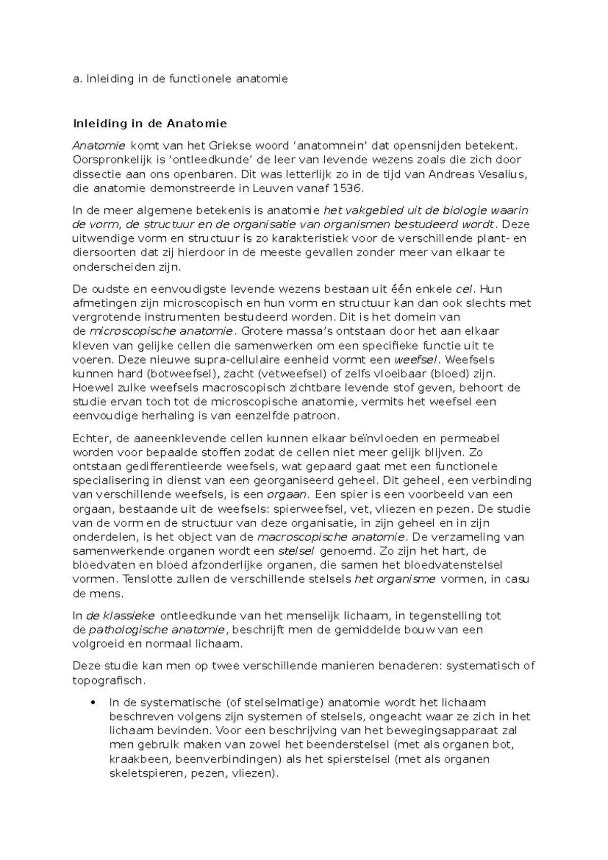 A. Inleiding in de Functionele Anatomie van het Menselijk Lichaam - Studocu