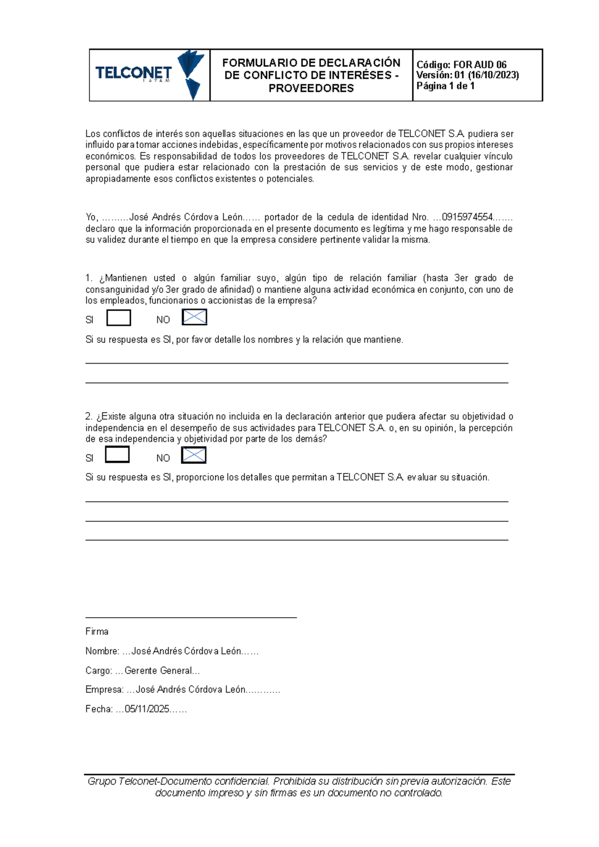 Formulario de Declaración de Conflicto de Intereses - FOR AUD 06 - Studocu