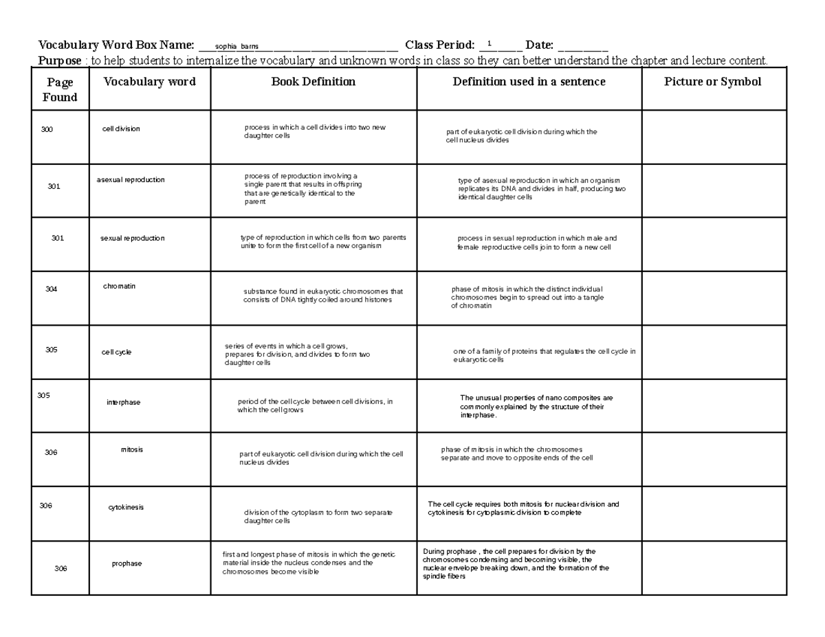 BIO101 Vocabulary Word Box: Cell Division & Reproduction Concepts - Studocu