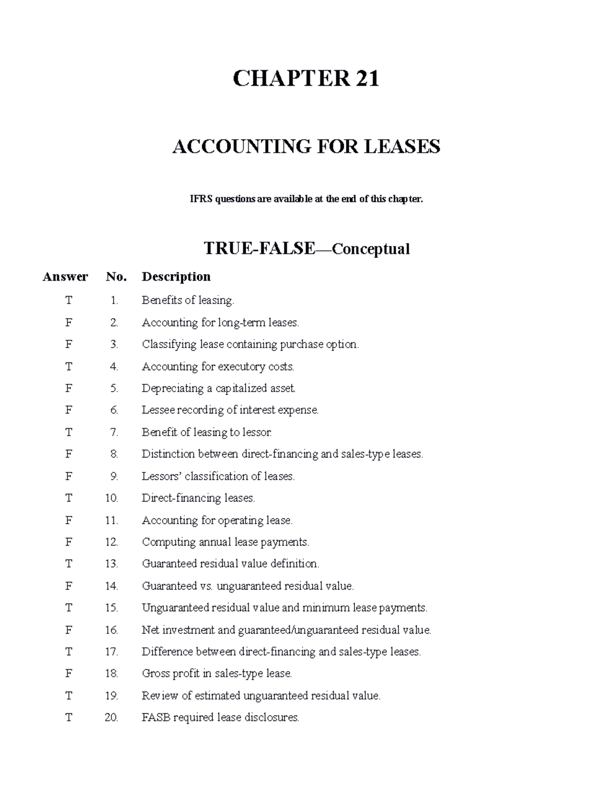 Question Bank for Chapter 21: Accounting for Leases (Intermediate ...