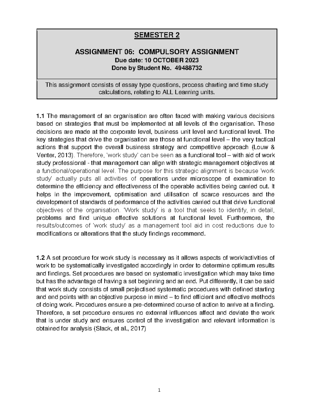 MNO2604 Final Assignment 06: Work Study and Method Analysis - Studocu