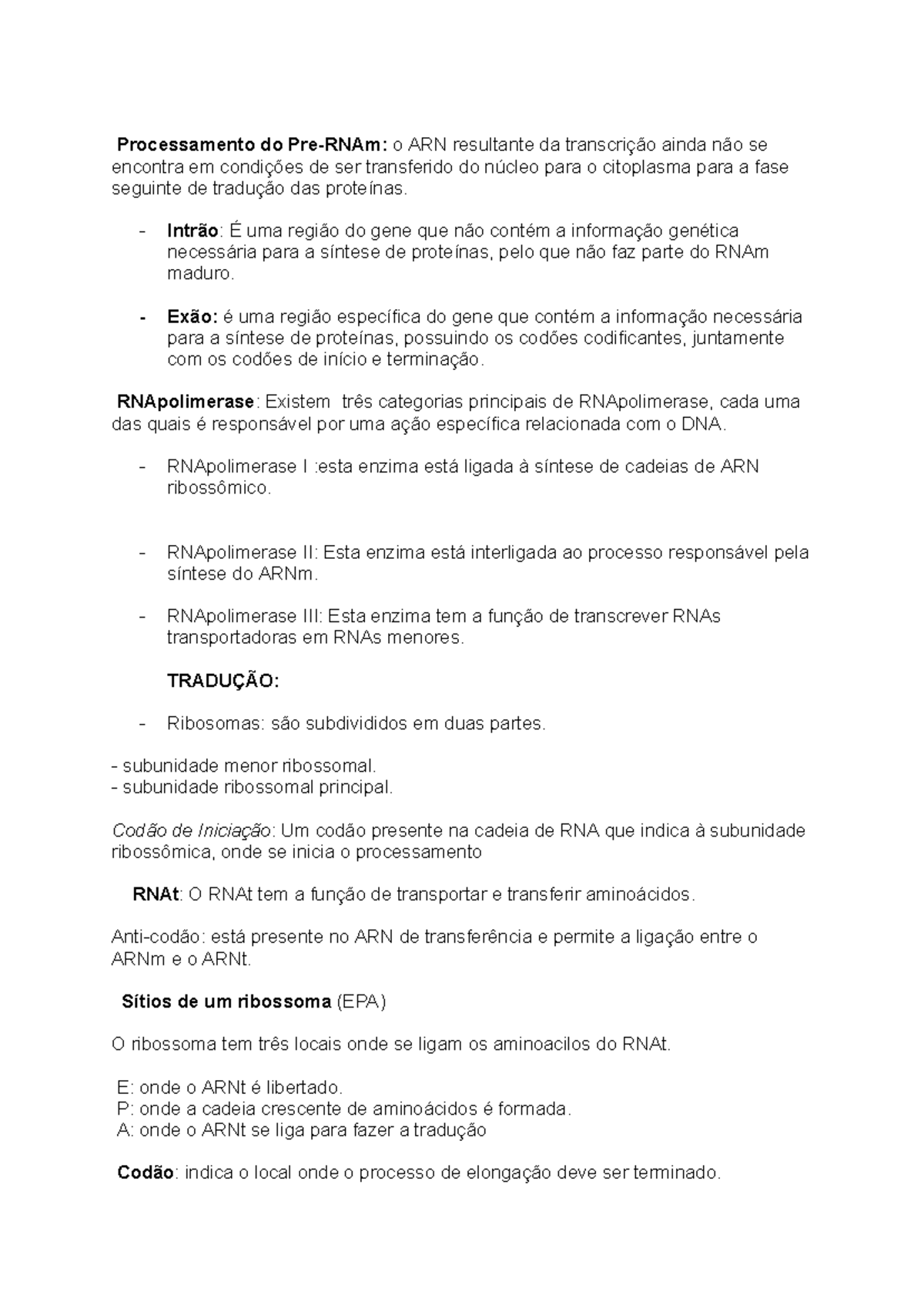 Processamento do ARN e Tradução: Estruturas e Fases - Studocu