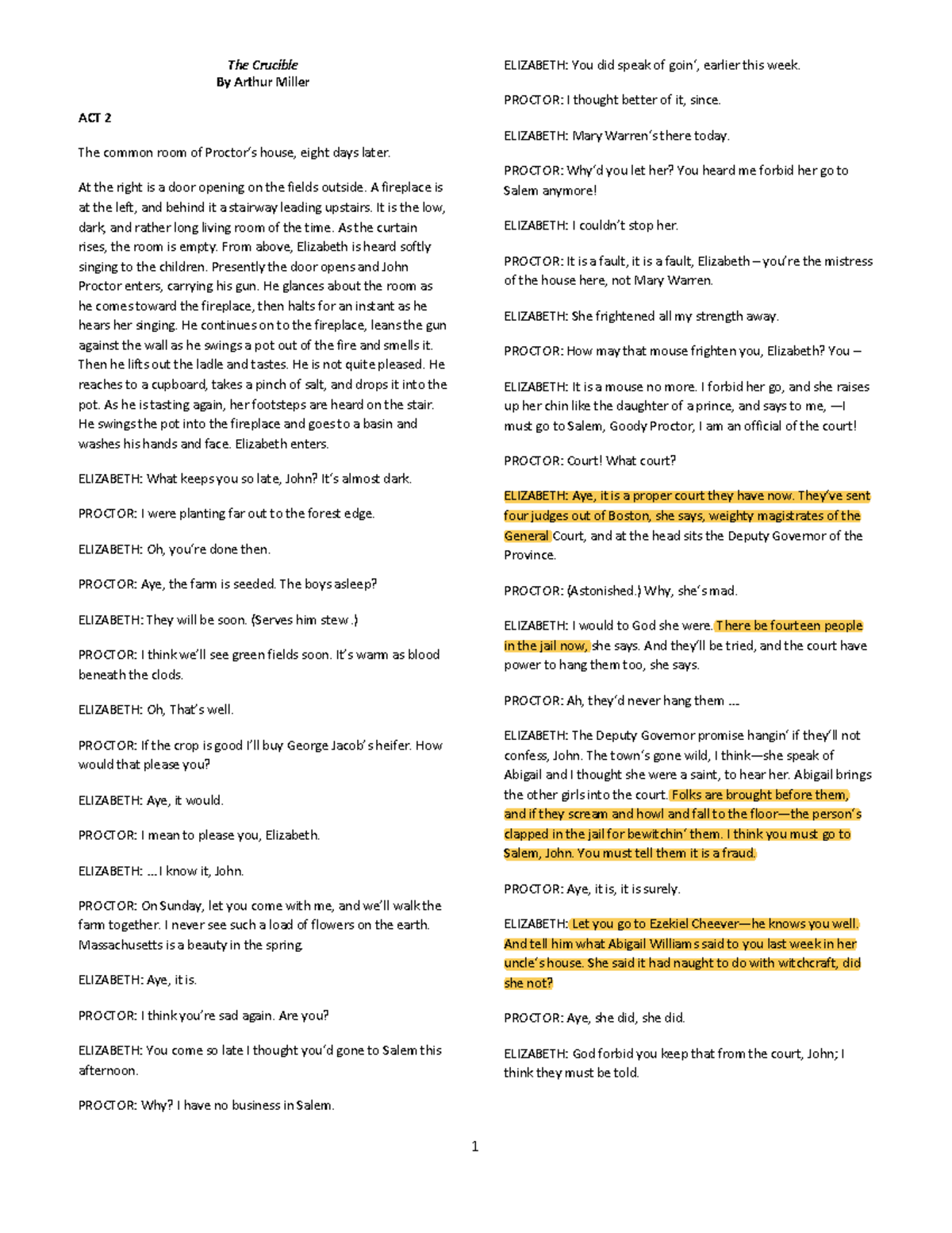Crucible Act 2 Script Analysis - LA Theatre - Studocu