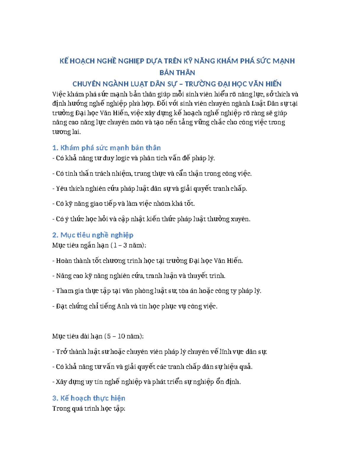 KẾ HOẠCH NGHỀ NGHIỆP CHO SINH VIÊN LUẬT DÂN SỰ TẠI ĐH VĂN HIẾN - Studocu