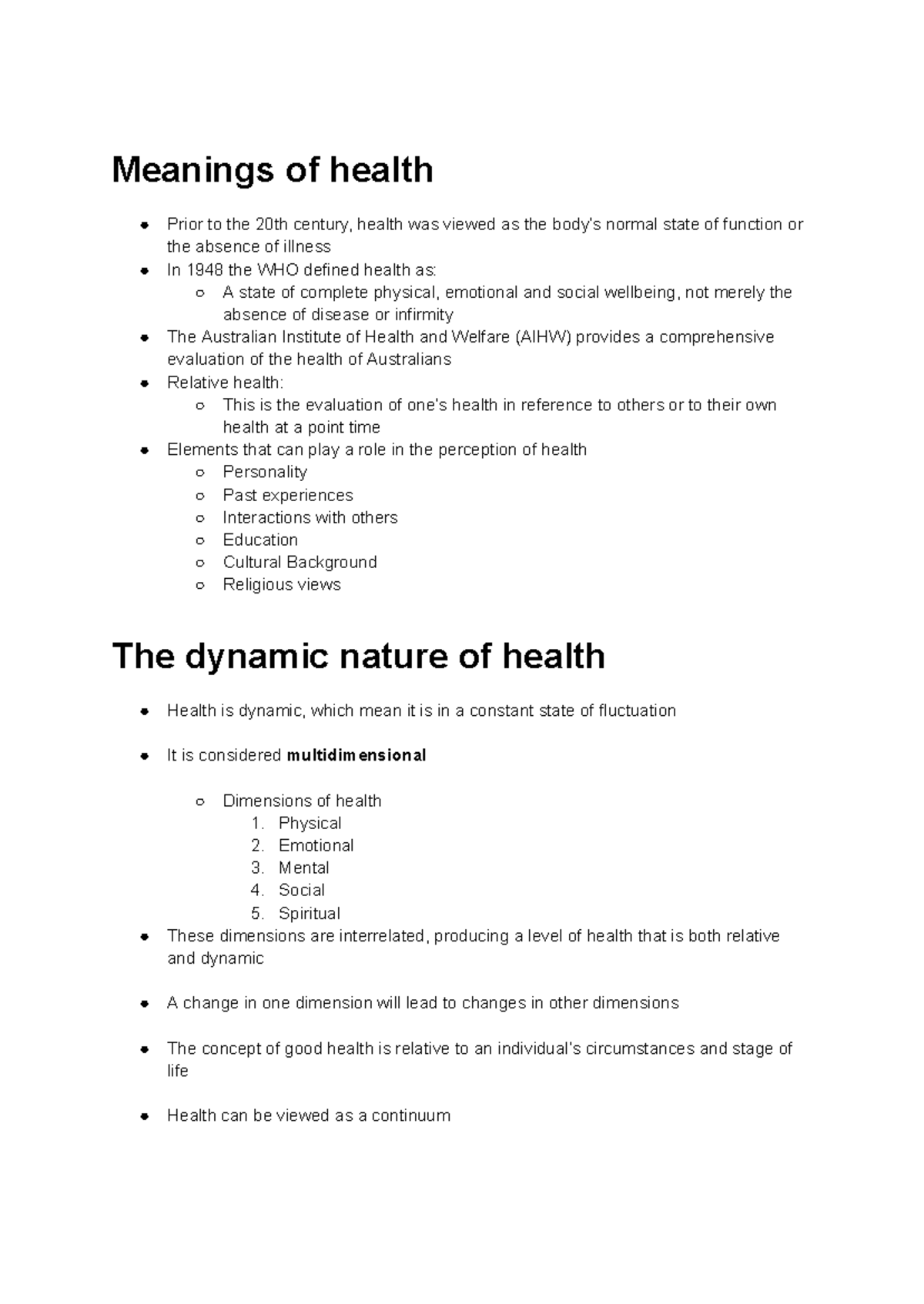Chapter 1 Notes on Health Concepts and Determinants - Studocu