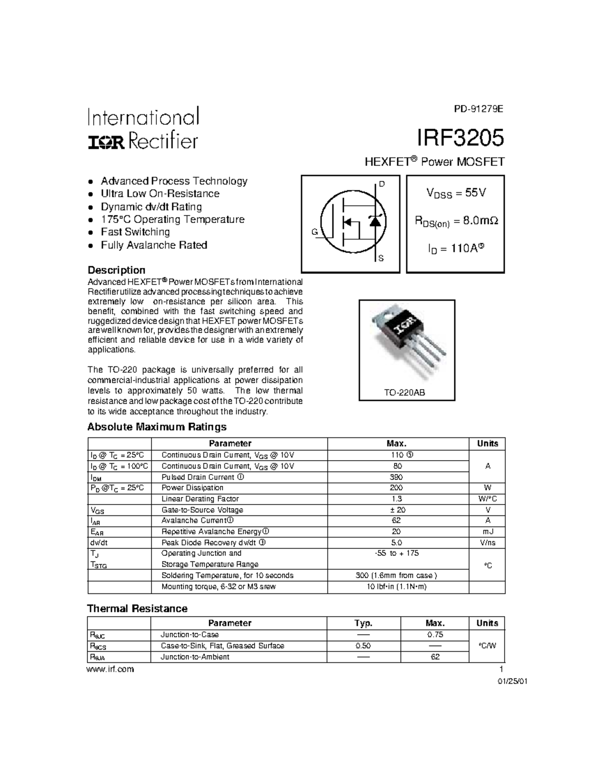 IRF3205 Datasheet: Advanced Power MOSFET Specifications and Ratings ...