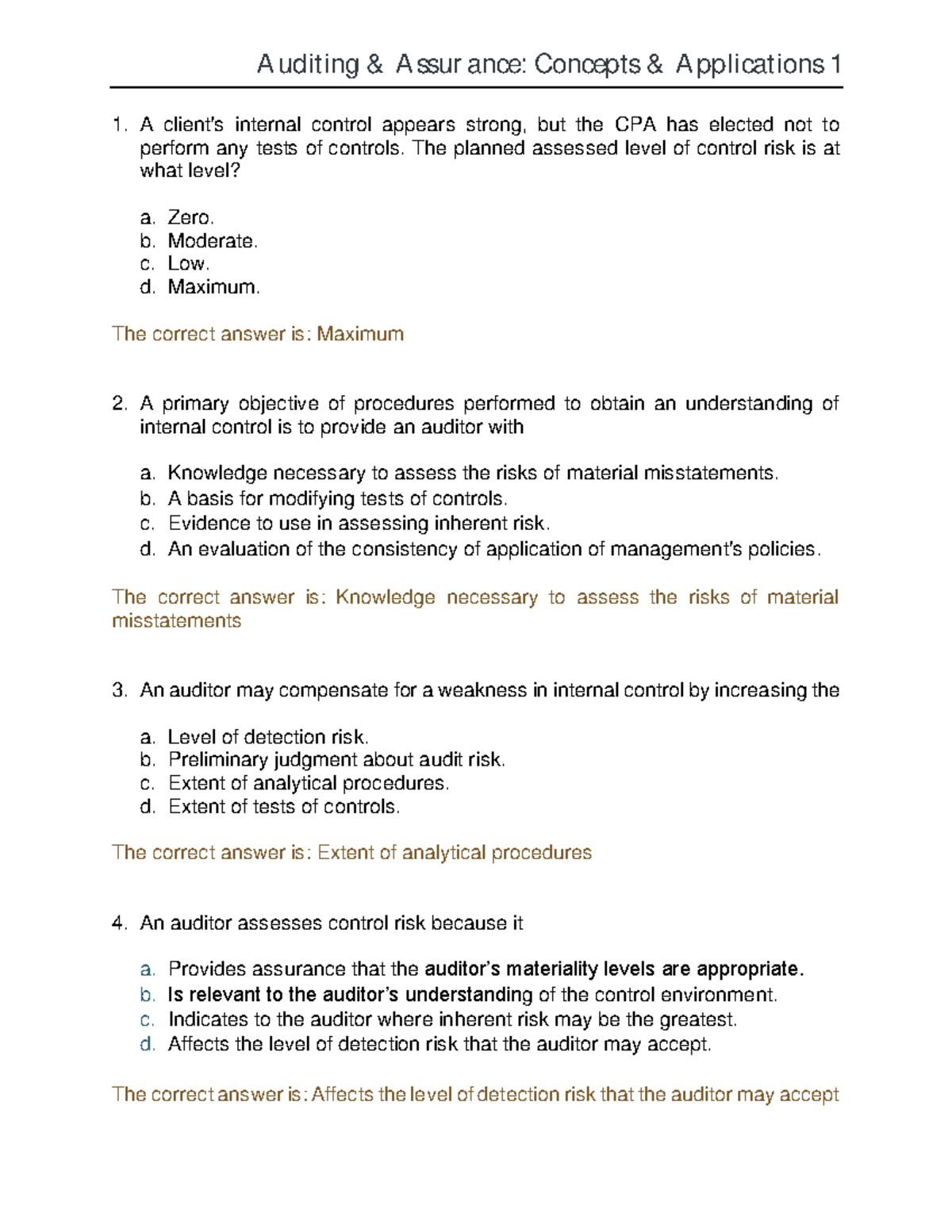 (AACA) Auditing & Assurance - Concepts Test Bank for Financial Controls ...