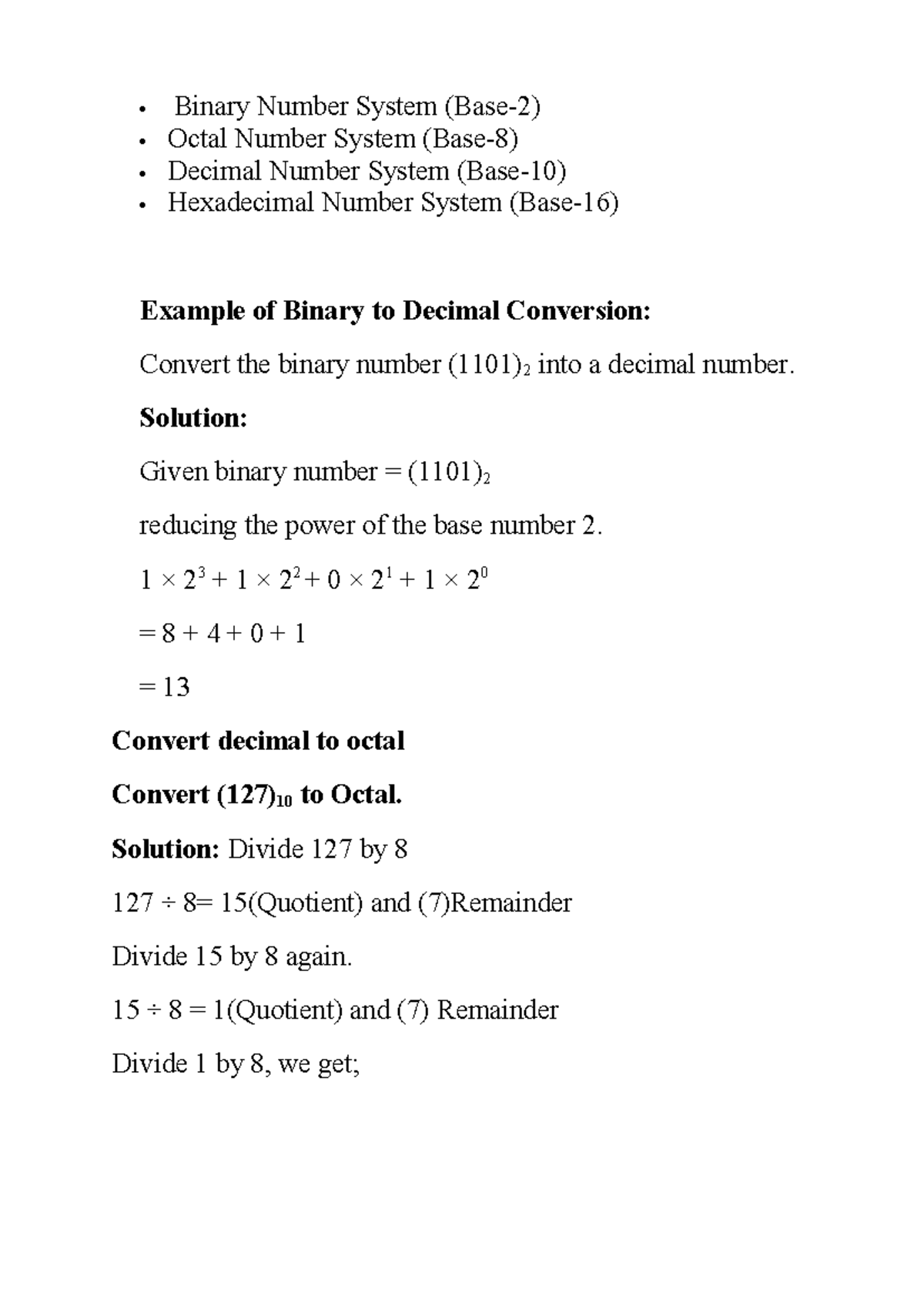 Binary Number System: Conversion to Decimal, Octal & Hexadecimal Notes ...