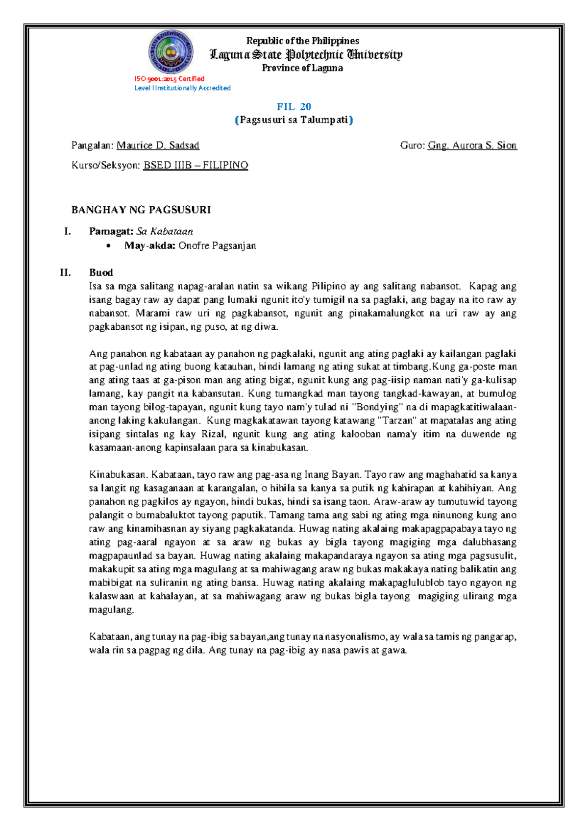 FIL 20 - Pagsusuri sa Talumpati ni Onofre Pagsanjan: Sa Kabataan - Studocu