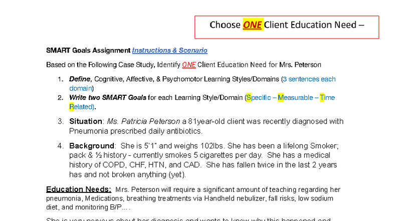 SMART Goals Assignment for Ms. Peterson's Education Needs - Studocu