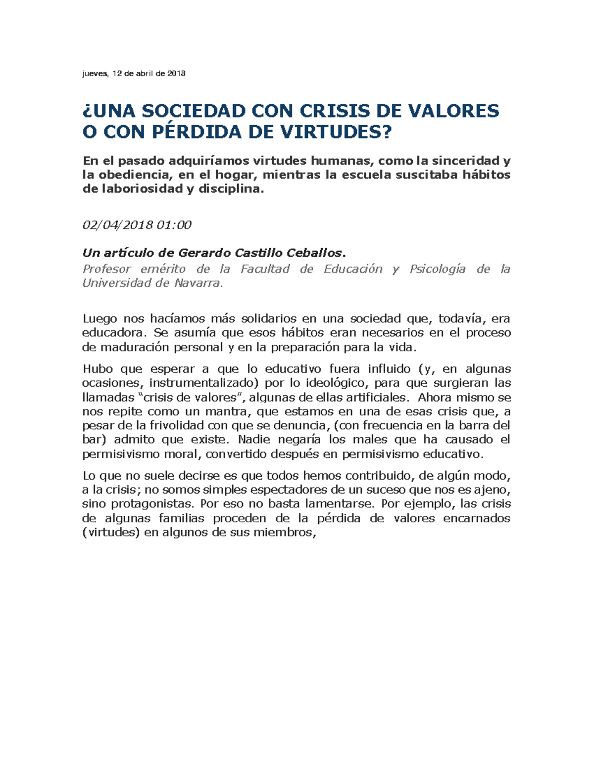 Lectura ¿una sociedad con crisis de valores o perdida de virtudes ...