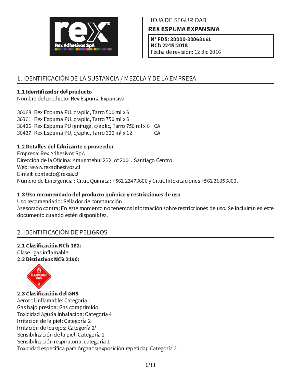 Hoja de Seguridad Rex Espuma Expansiva FDS NCh 2245:2015 - Studocu