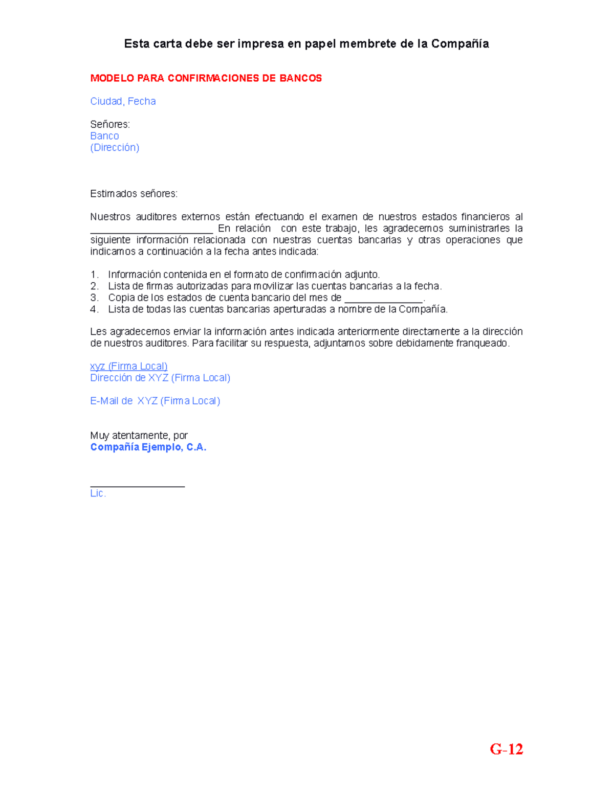 G-25 Modelos de Cartas de Confirmación Bancaria y Seguro - Studocu