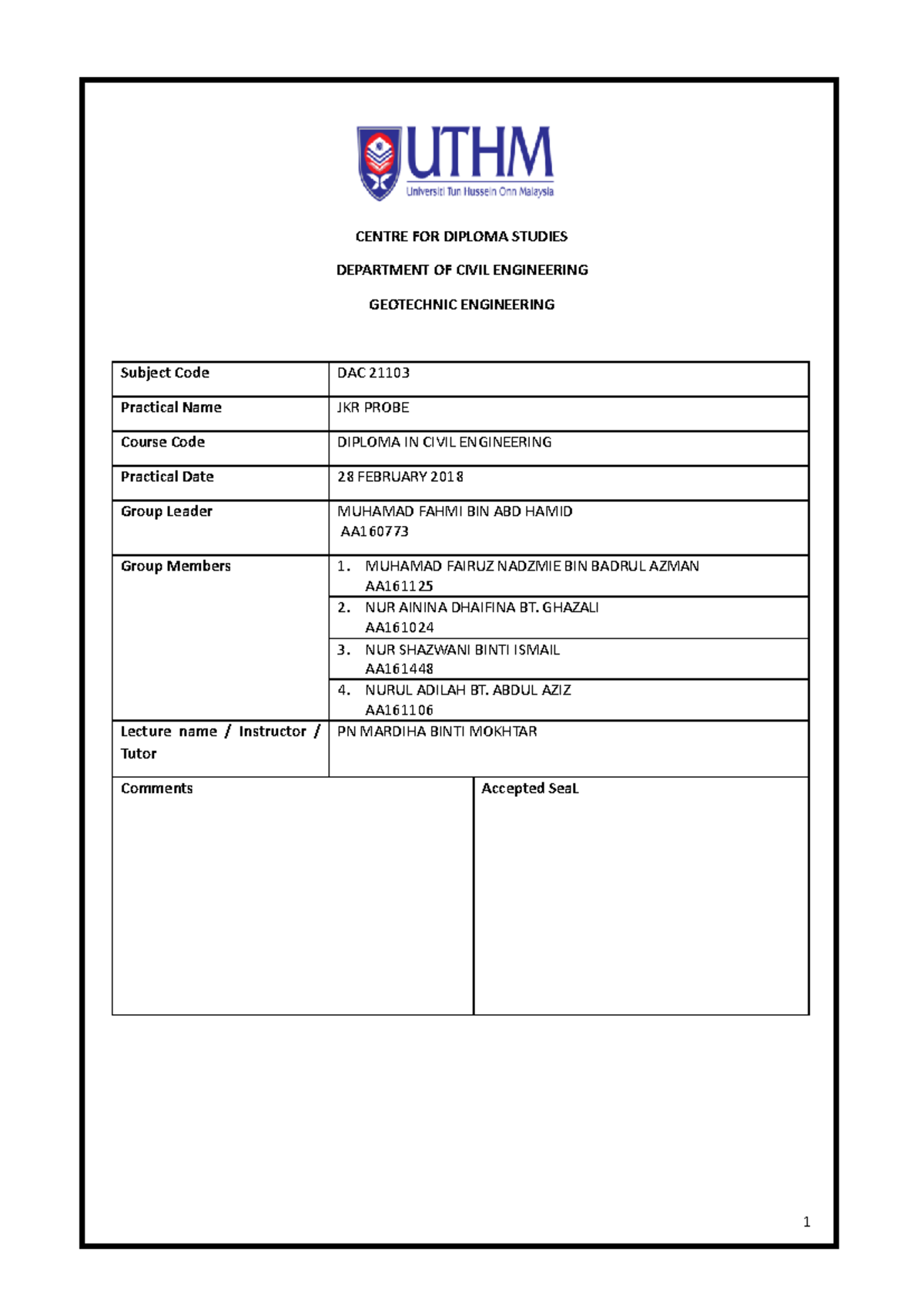 JKR Probe Practical Report - DAC 21103 (Civil Engineering) - Studocu